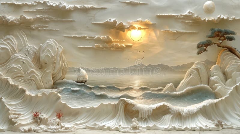 Coastal Landscape 3d Relief Wallpaper Stock Illustration - Illustration ...