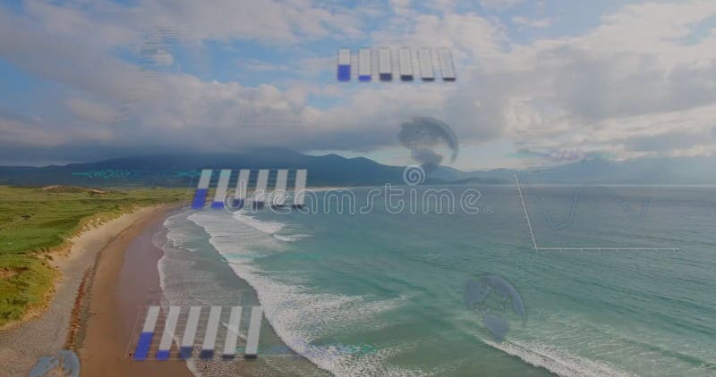 Coastal Landscape with Data Processing Animation Over Ocean Waves and ...