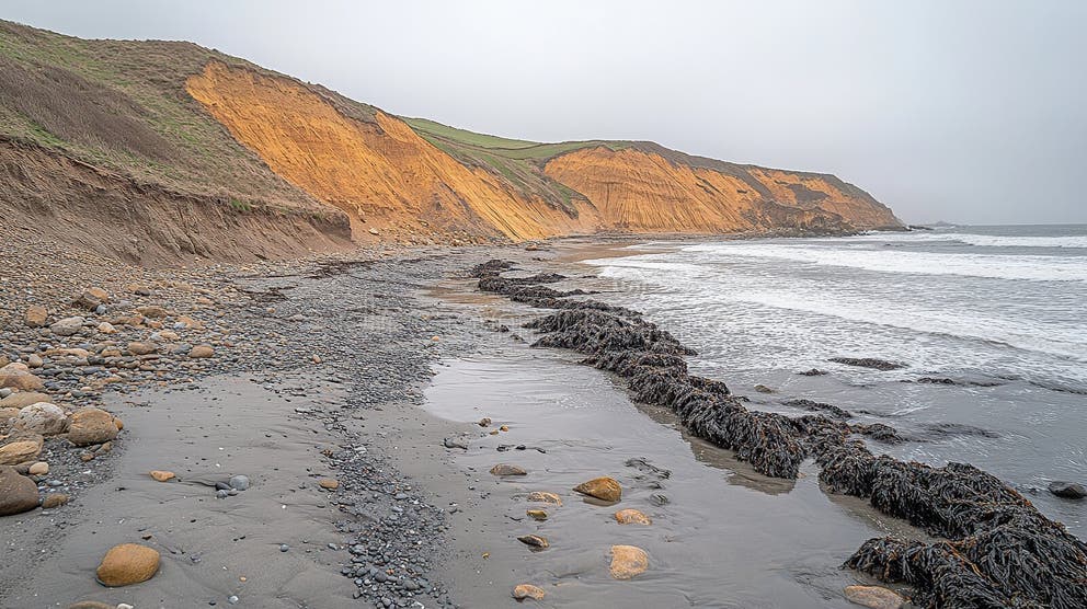 Coastal Landscape with Eroded Cliffs, Beach, and Waves Stock Photo ...