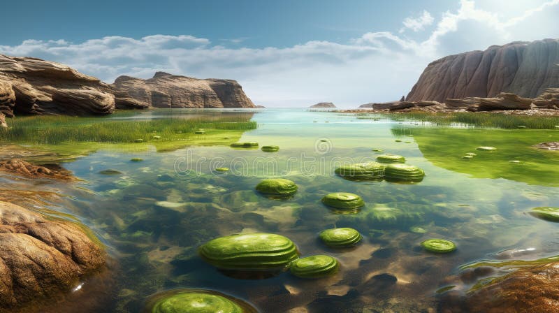 Coastal Landscape with Primitive Ancient Lifeforms and Green Algae ...