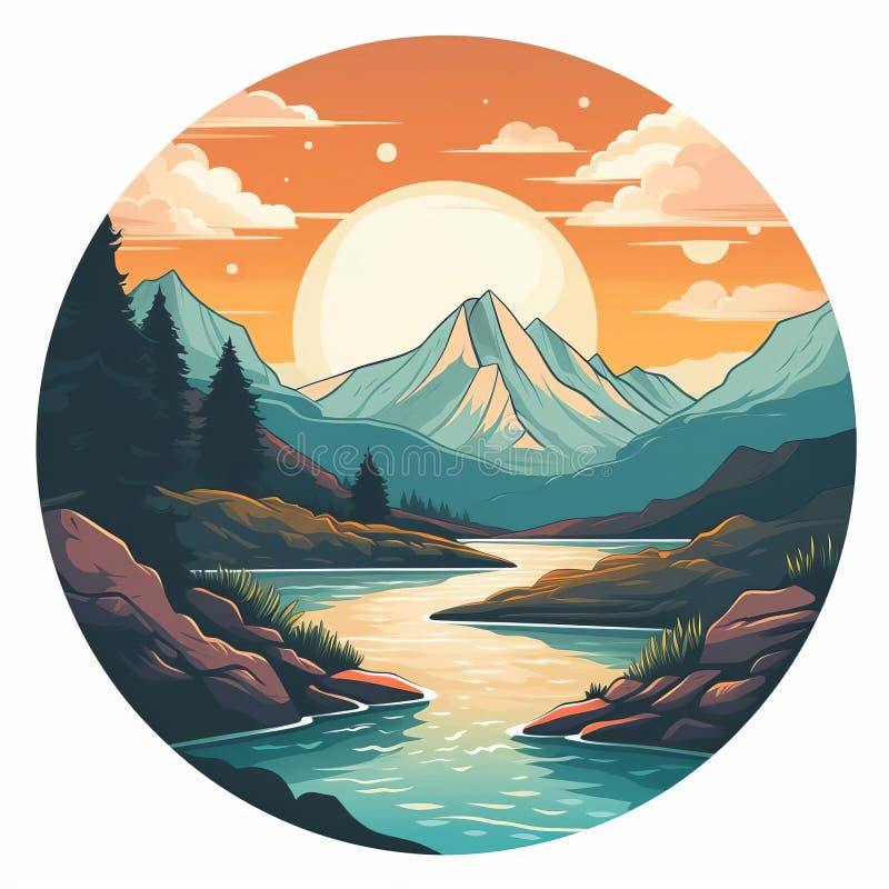Coastal Landscape Sticker Design with Mountain Range Scenery Stock ...