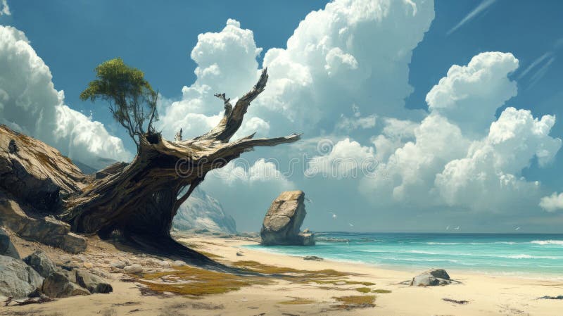 Coastal Landscape with Weathered Tree and Blue Ocean Under a Cloudy Sky ...