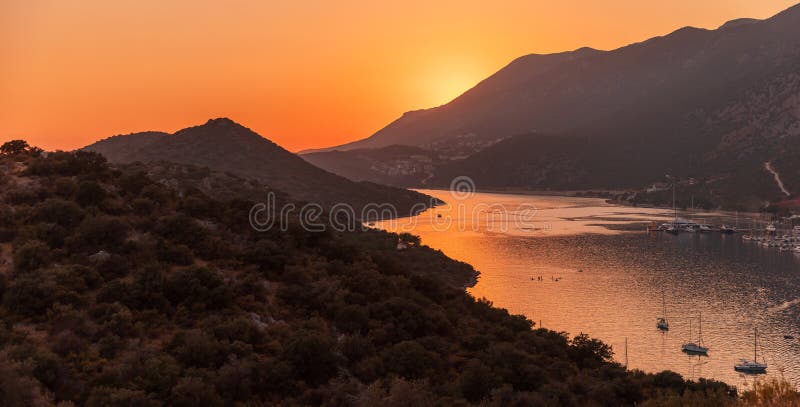 Coastal Landscape with Yachts at Sunset in Bay of Kas, Turkey Stock ...