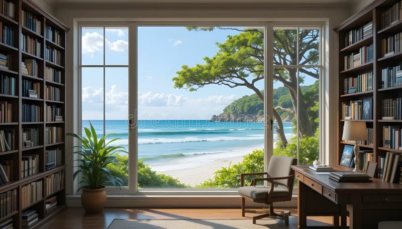 Coastal Library Interior with Ocean Bookshelf and Stunning Beachfront ...