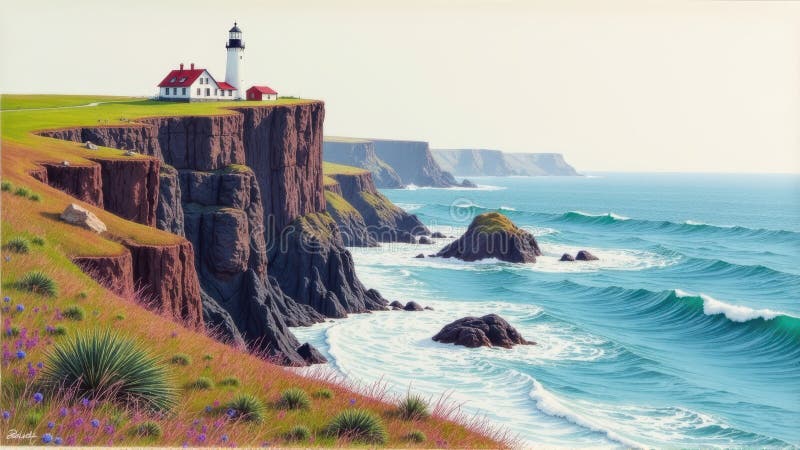 Coastal Lighthouse on Dramatic Cliffs with Ocean Waves Stock ...