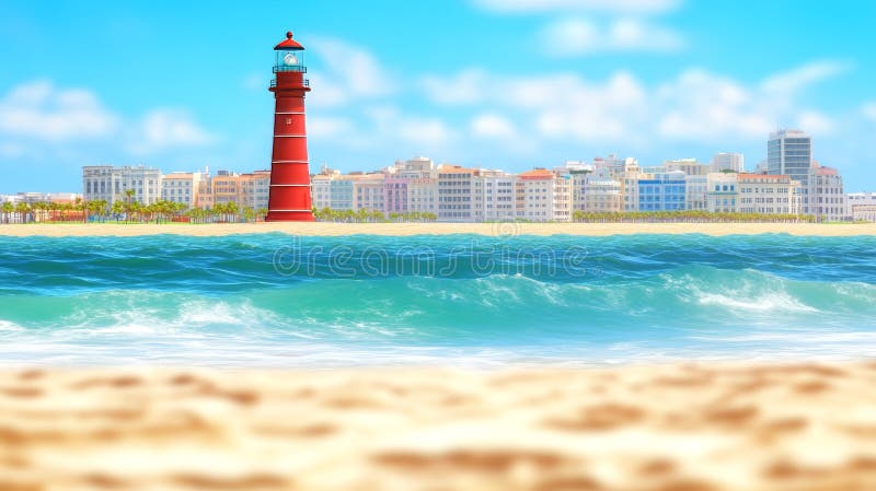 At Coastal Lighthouse, a Red and Blue Lighthouse Overlooks the Beach ...