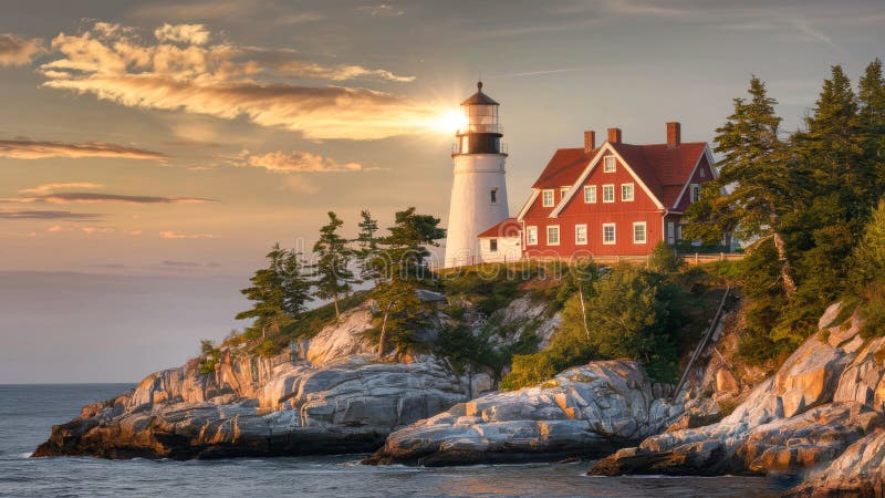 Coastal Lighthouse with Red House at Dusk Stock Image - Image of ...