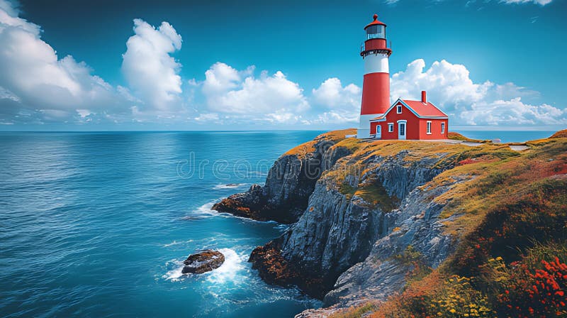 Coastal Lighthouse Seascape Sunny Day, Ocean Cliffs, Guiding Light ...