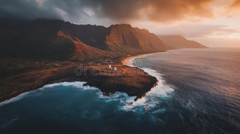 Coastal Lighthouse Sunset: Dramatic Mountain Backdrop and Ocean Waves ...