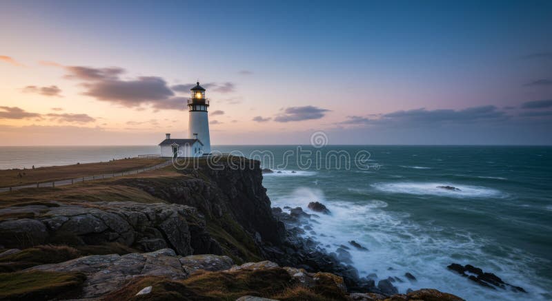 Coastal Lighthouse at Sunset Dramatic Ocean Waves Stock Illustration ...