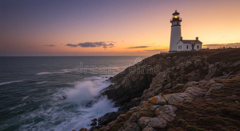 Coastal Lighthouse Sunset Landscape with Waves Stock Illustration ...