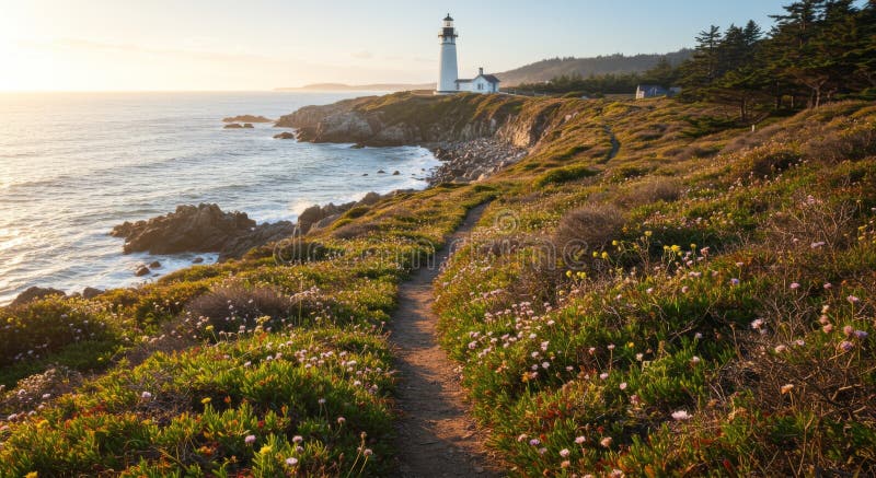 Coastal Lighthouse Sunset Path Stock Illustration - Illustration of ...