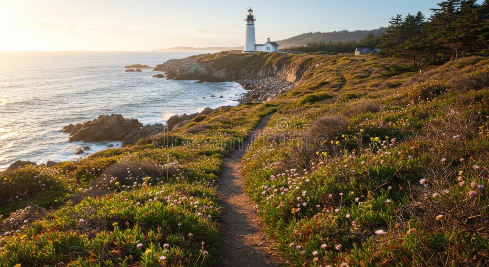 Coastal Lighthouse Sunset Path Stock Illustration - Illustration of ...