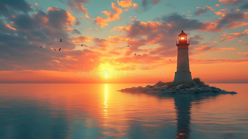 Coastal Lighthouse Sunset Seascape Birds Fly Hope Stock Illustration - Illustration of peace ...