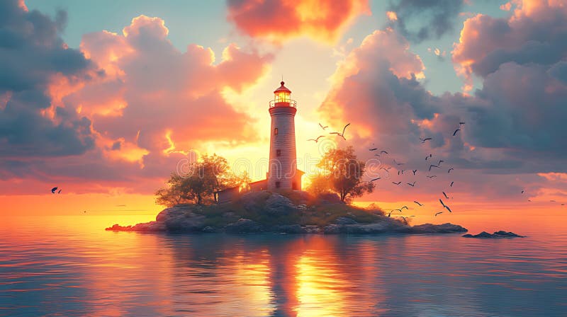 Coastal Lighthouse Sunset Seascape, Birds Flying, Hope Stock Illustration - Illustration of ...