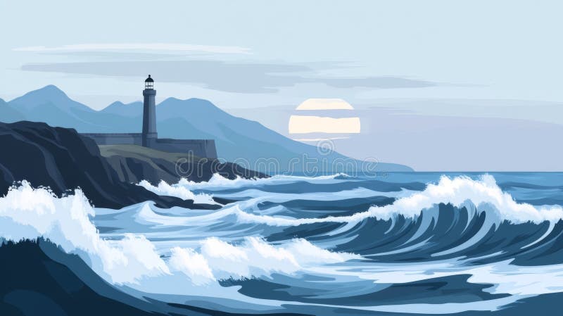 Coastal Lighthouse Sunset Seascape with Blue Waves Stock Illustration ...
