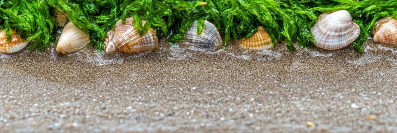 Coastal Lineup of Seashells and Seaweed on Sandy Shore Captured at High ...