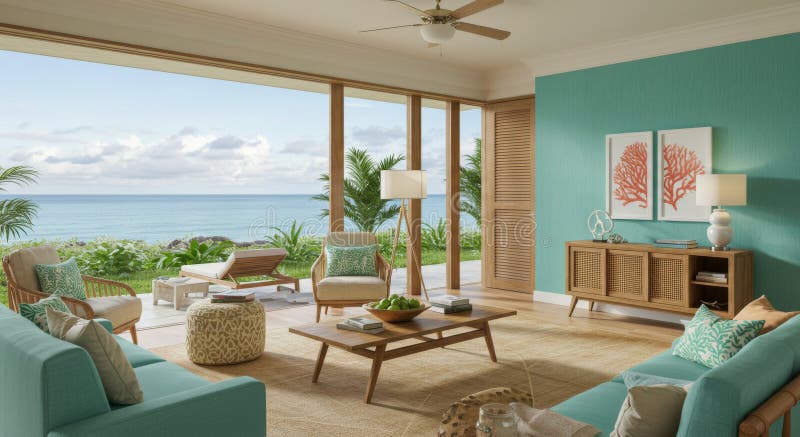 Coastal Living Room with Ocean View Stock Illustration - Illustration ...