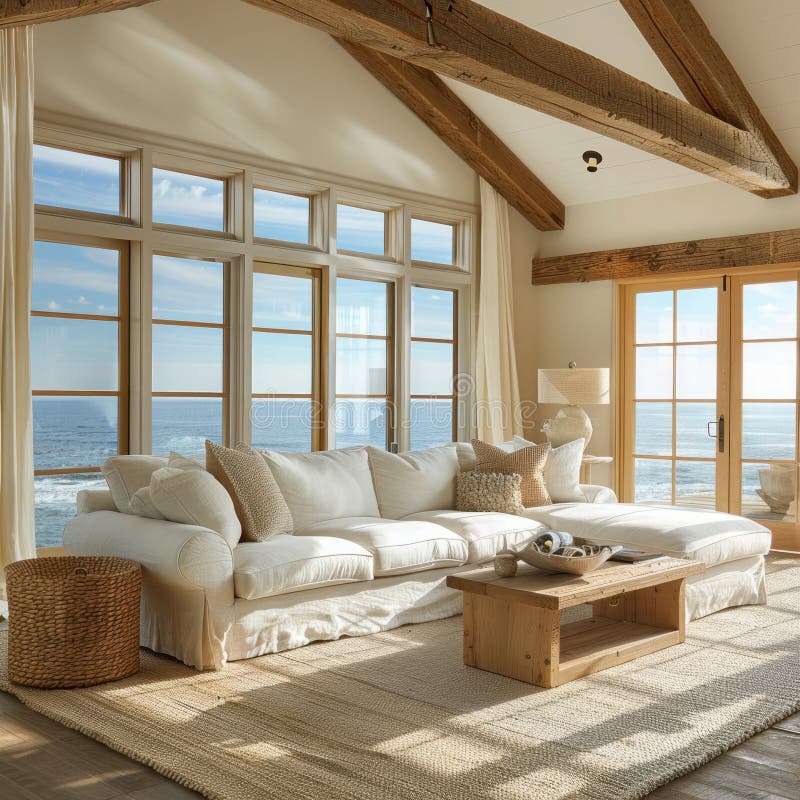 Coastal Living Room with Ocean View Illustration Stock Illustration ...