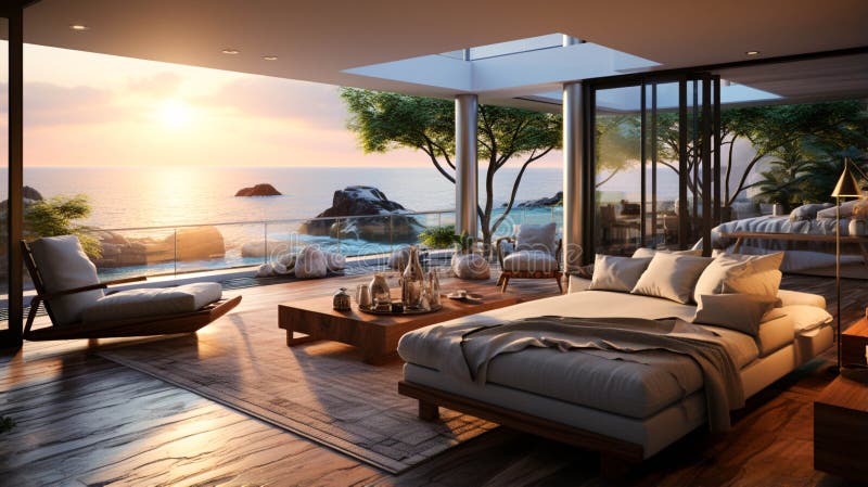 Coastal Luxury Hotel Room with Ocean View Stock Photo - Image of room ...