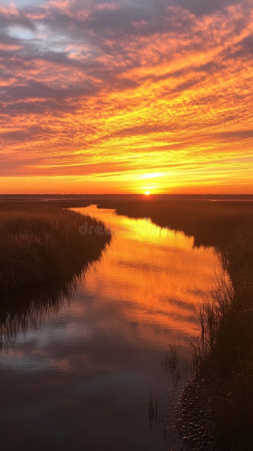 Coastal Marshland at Sunset with Vibrant Water Reflections Stock ...