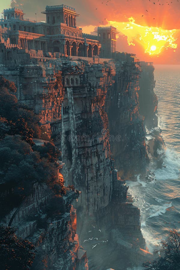 Coastal Marvel: Ancient City Perched on Cliff Stock Illustration ...