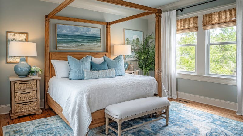 Coastal Master Bedroom with Wooden Canopy Bed Stock Illustration ...