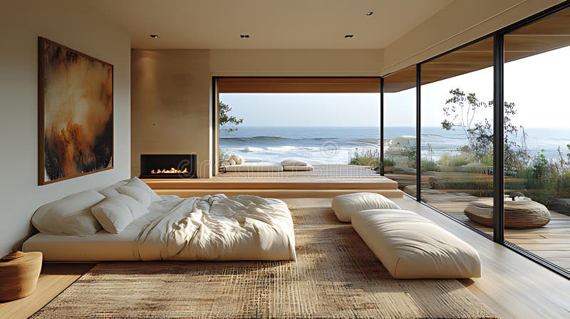 Coastal Minimalist Bedroom Ocean View Relaxation Stock Illustration ...