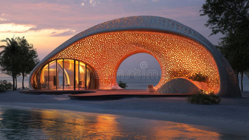 Coastal Modern Architecture Illuminated at Sunset Stock Illustration ...