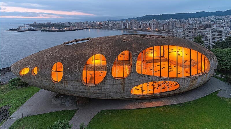 Coastal Modern Building at Night with Illuminated Windows Stock Image ...