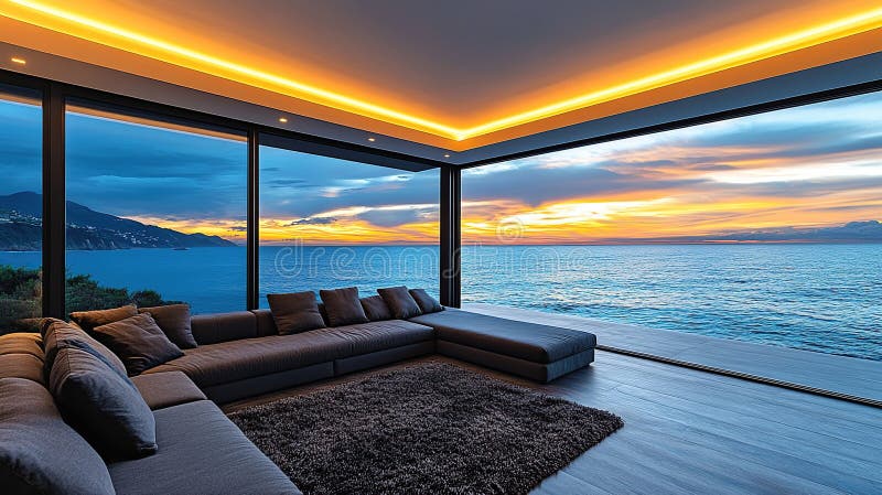 Coastal Modern Living Room at Sunset Stock Illustration - Illustration ...