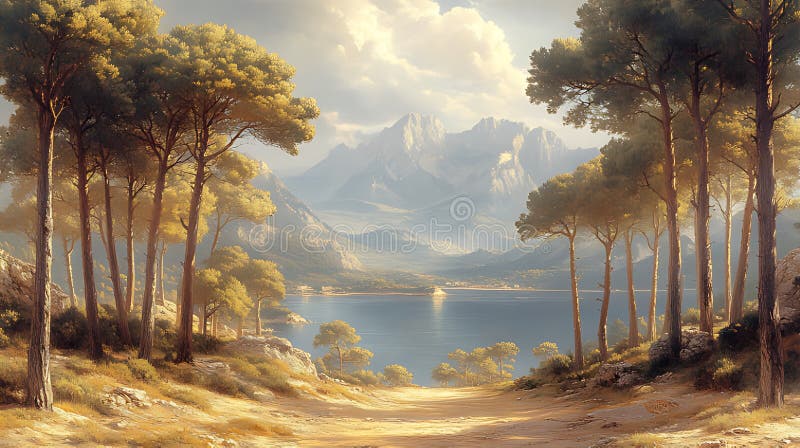 Coastal Mountain View, Sunlit Pines, Path, Scenic Art Print Stock ...