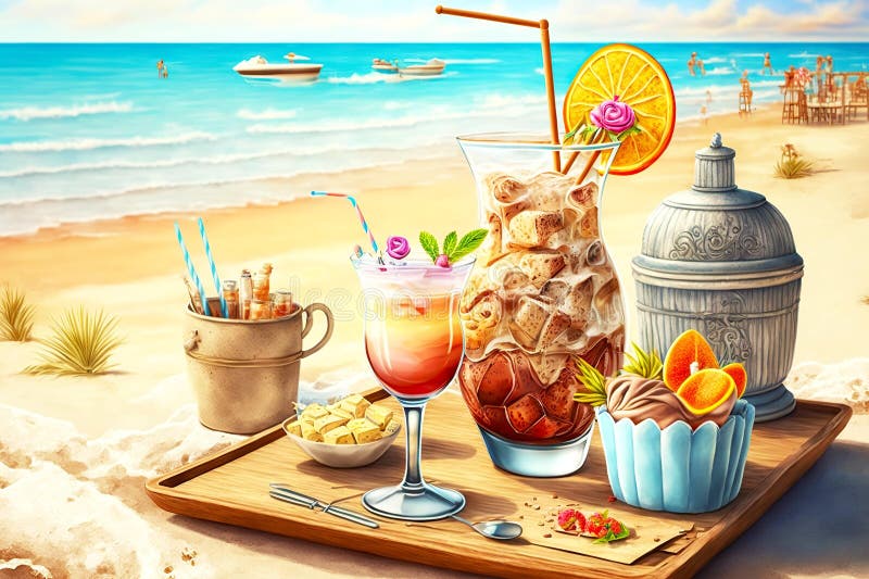 Coastal Outdoor Cafe on Beach with Set of Snacks and Beach Cocktail ...