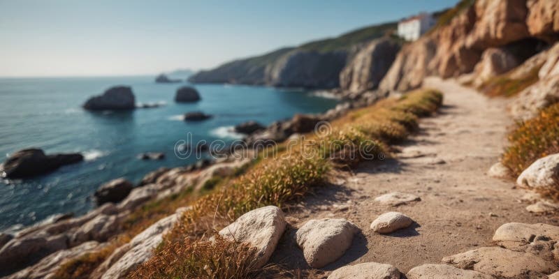 Coastal Path Along Rocky Cliffs Overlooking a Cove and the Sea. Stock ...
