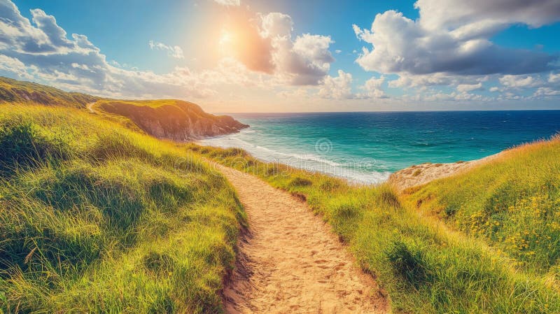 Coastal Path Leading To Ocean Under Sunny Sky Stock Illustration ...