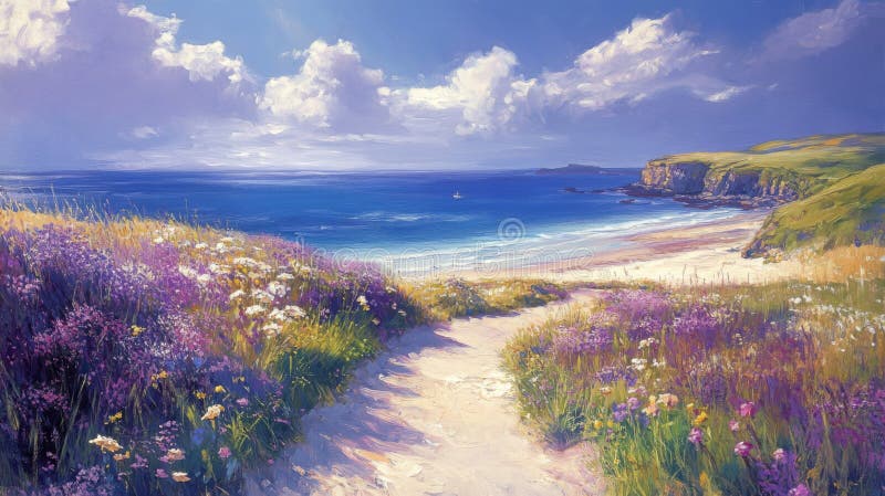 Coastal Path Leads To Sandy Beach and Ocean View Stock Illustration ...
