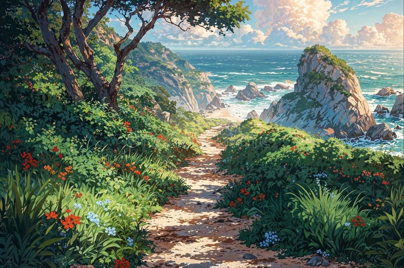 Coastal Path with Lush Vegetation To Rocky Beach Stock Illustration ...