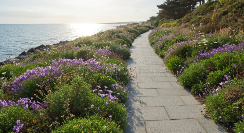 Coastal Path with Purple Flowers and Ocean View Stock Illustration ...