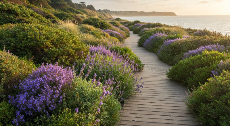 Coastal Path with Purple Flowers at Sunset Stock Illustration ...