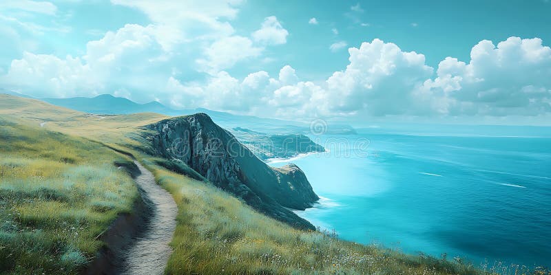 Coastal Path Scenic Ocean View Hike Stock Illustration - Illustration ...