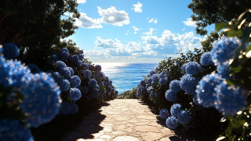Coastal Path with Vibrant Blue Hydrangeas Stock Photo - Image of season ...