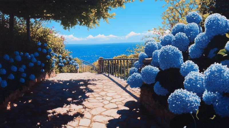 Coastal Path with Vibrant Blue Hydrangeas Stock Photo - Image of ...