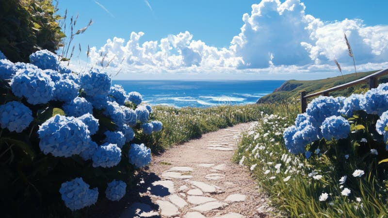 Coastal Path with Vibrant Blue Hydrangeas Stock Image - Image of ...