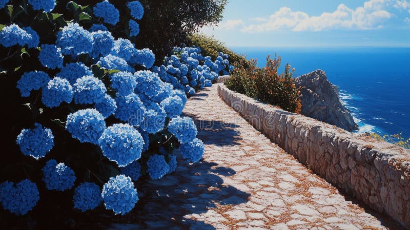 Coastal Path with Vibrant Blue Hydrangeas Stock Image - Image of colors ...