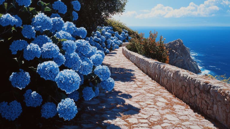 Coastal Path with Vibrant Blue Hydrangeas Stock Image - Image of colors ...
