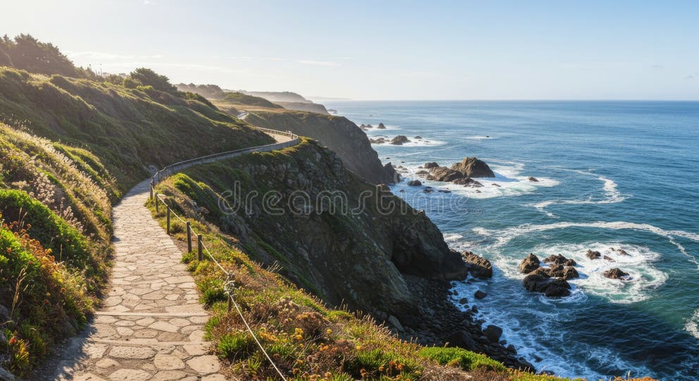 Coastal Path Winding Along a Cliffside Overlooking the Ocean Stock ...