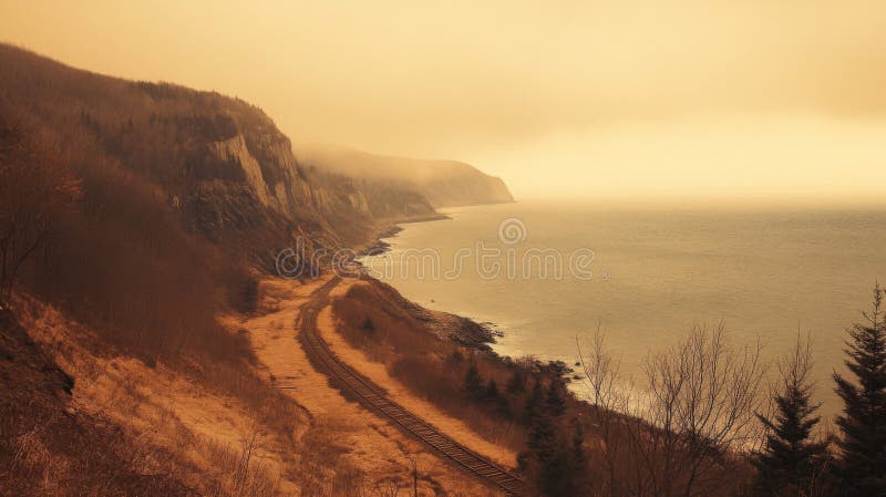 Coastal Path Winding through Misty Cliffs and Golden Ocean Stock ...