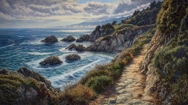 Coastal Path Winding through Rugged Cliffs and Ocean Stock Illustration ...