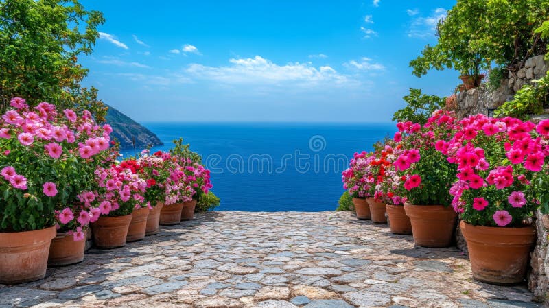 Coastal Pathway Adorned with Vibrant Pink Flowers in Pots Stock ...