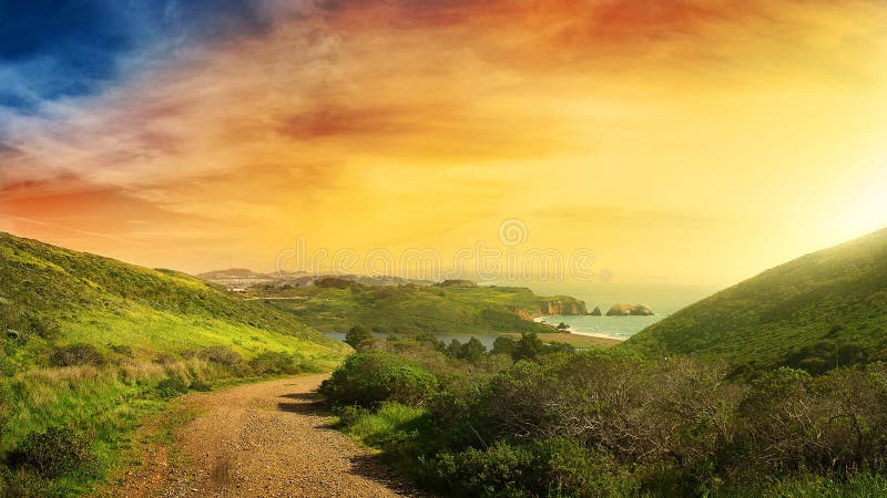 Coastal Pathway with Sunset and Hills Stock Illustration - Illustration ...